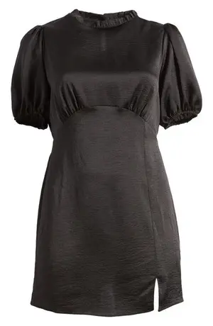 Asos Satin A-line Dress With Ruffle Neck And Puff Sleeves