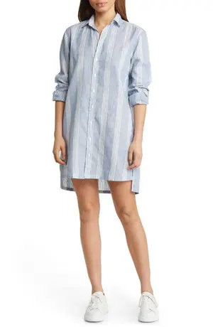 Frank & Eileen Frank & Eileen Hunter Stripe Step Hem Linen & Cotton Shirtdress Wide Slate Multi Stripe