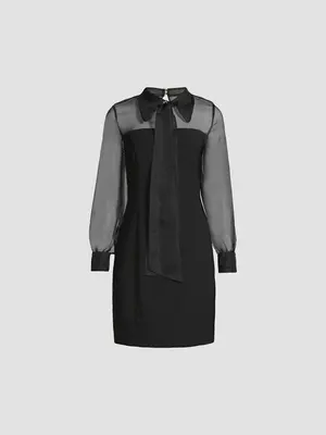 Shani Silk Organza Mixed Media Collared Minidress - Black