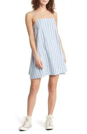 Treasure & Bond Linen Blend Shift Dress - Ivory- Blue Azorica Leaf