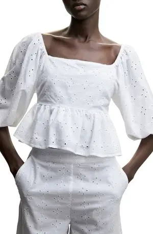 Mango Eyelet Peplum Blouse With Puff Sleeves