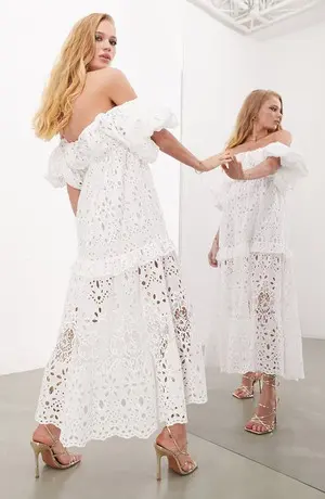 Asos Edition Broderie Anglaise Off The Shoulder Tiered Dress