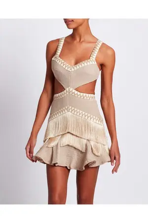 Patbo Metallic Knit Mini Dress With Fringe Trim - Neutral | Editorialist