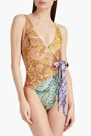 Zimmermann Wrap-effect Bow-detailed Printed Swimsuit Blue