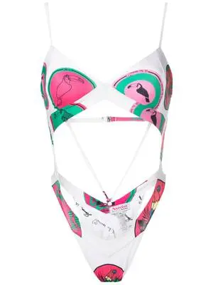AMIR SLAMA Graphic-print Cut-out One Piece Swimsuit - White