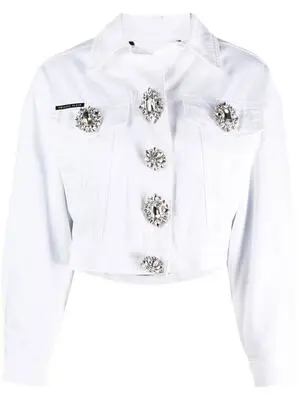 Philipp Plein Crystal Button Cropped Denim Jacket - White
