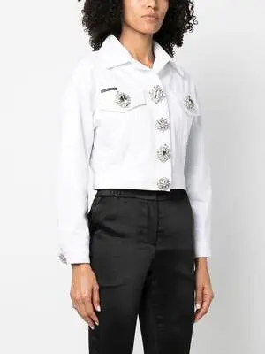 Philipp Plein Crystal Button Cropped Denim Jacket - White