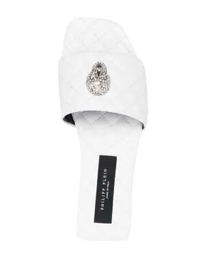 Philipp Plein Crystal-skull Matelassé Slides - White
