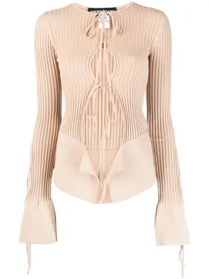 ANDREĀDAMO Tie-fastening Long-sleeve Knitted Top - Neutrals