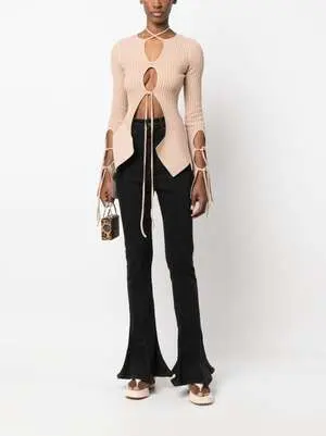 ANDREĀDAMO Tie-fastening Long-sleeve Knitted Top - Neutrals