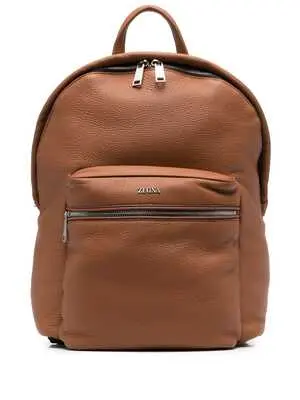 Zegna Logo-plaque Leather Backpack - Brown