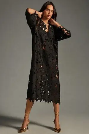 Anthropologie Floral Eyelet Kaftan Black