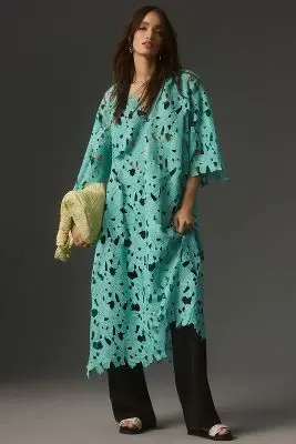 Anthropologie Floral Eyelet Kaftan Blue