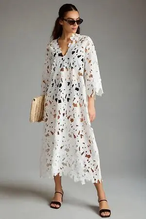 Anthropologie Floral Eyelet Kaftan - White