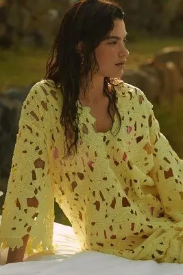 Anthropologie Floral Eyelet Kaftan Yellow