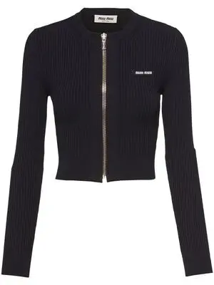Miu Miu Logo Zip-Up Cardigan - Black | Editorialist