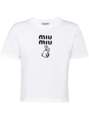 Miu Miu Embroidered-Logo Cotton T-Hirt - White | Editorialist