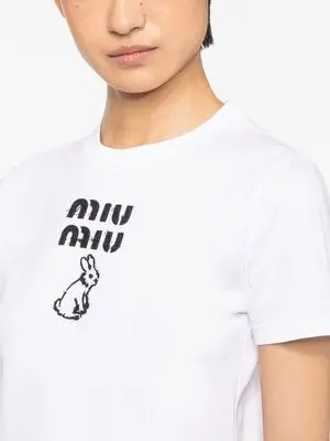 Miu Miu Embroidered-Logo Cotton T-Hirt - White | Editorialist