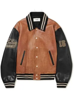 Celine Teddy Oversized Logo-AppliquéD Leather Bomber Jacket