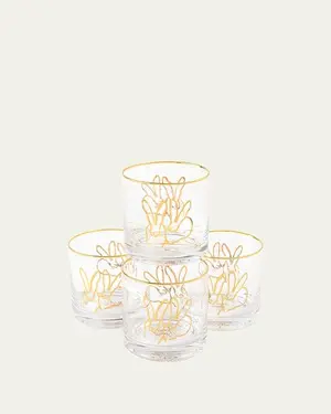 HUNT SLONEM Double Bunny Old Fashioned Glasses, Set Of 4 - Clear