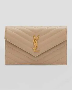 Saint Laurent Ysl Monogram Small Wallet On Chain In Grained Leather - Dark Beige