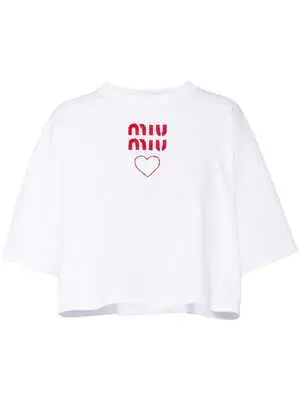Miu Miu Ogo-Embroidery Cotton T-Shirt - White | Editorialist