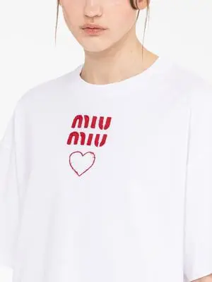 【専用】MIU MIU ホワイト Tシャツ ハート刺繍モチーフ Miu Miu Ogo-Embroidery Cotton T-Shirt - White | Editorialist
