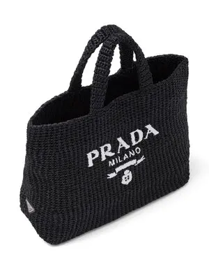 Prada Raffia Crochet Tote Bag - Black