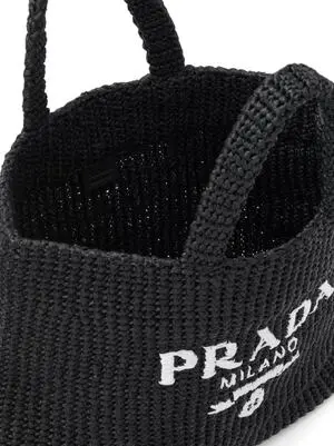 Prada Raffia Crochet Tote Bag - Black