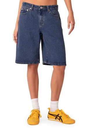 EDIKTED Oversized Low Rise Denim Bermuda Shorts - Blue