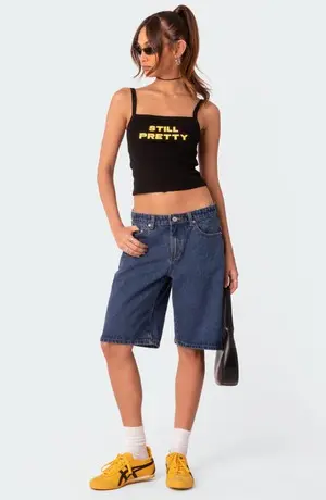 EDIKTED Oversized Low Rise Denim Bermuda Shorts - Blue