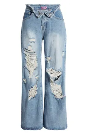 EDIKTED Foldover Low Rise Boyfriend Jeans