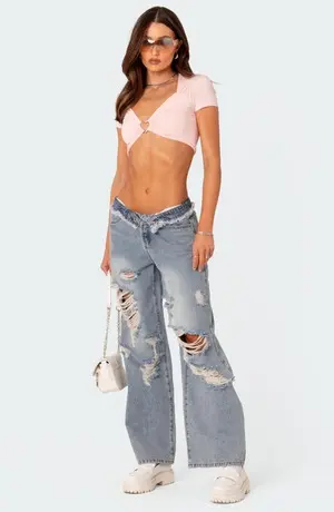 EDIKTED Foldover Low Rise Boyfriend Jeans