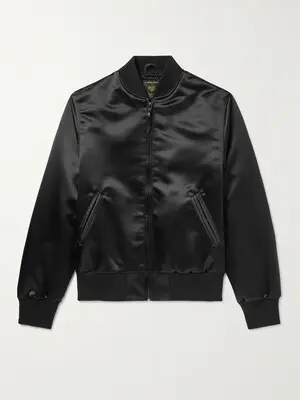 Golden Bear Leather-trimmed Sukajan Bomber Jacket - Black