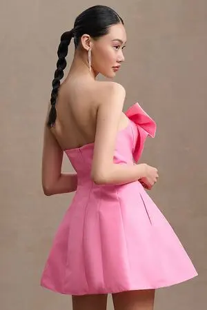 knee length dresses for ladies Ieena for Mac Duggal - Red Strapless Oversized Bow Fit & Flare Mini Dress