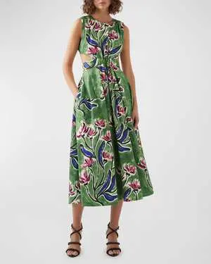 Aje Zorina Tie-back Cutout Floral Cotton Midi Dress - Native Gumnut Flo