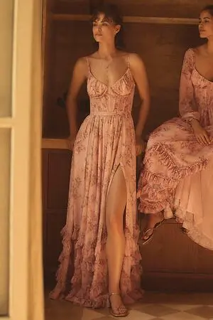 V. CHAPMAN Carmen Corset Ruffled Gown Pink