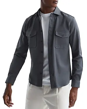 REISS Reiss Arlo Long Sleeve Textured Canvas Overshirt Steel Blue