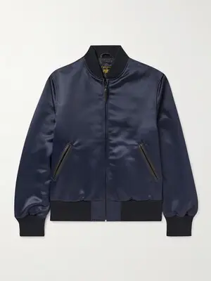 Golden Bear Leather-trimmed Satin Bomber Jacket - Blue