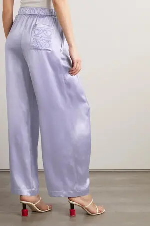 Loewe Anagram Pleated Embroidered Silk-satin Pants - Purple