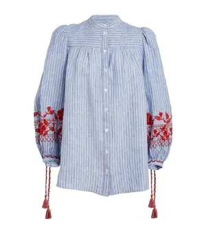 Max Mara Linen Striped Embroidered Shirt