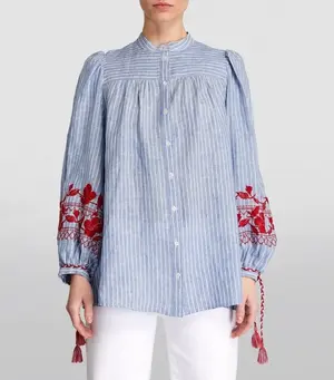 Max Mara Linen Striped Embroidered Shirt