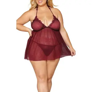 DREAMGIRL Lace Trim Mesh Babydoll Chemise & G-string Thong - Burgundy