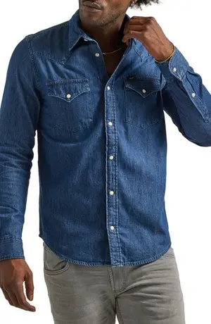 LEEM Regular Fit Denim Western Shirt - Mid Stone