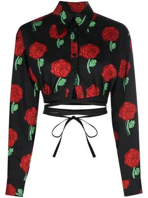 Versace Floral-print Cropped Blouse - Black