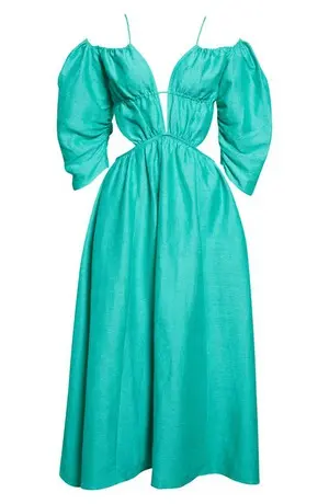 Cult Gaia Charlize Cold Shoulder Cutout Linen Blend Dress