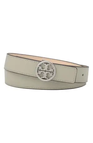 Tory Burch Logo Reversible Leather Belt Pine Frost/ Cream/ Silver