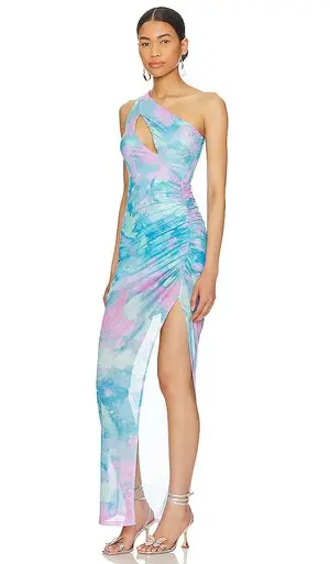 Majorelle Dorothea Gown One Shoulder, Cut Out, Slit - Blue Watercolor