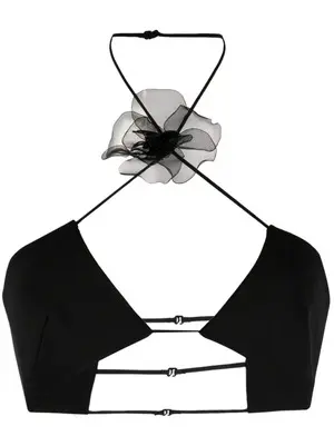 NENSI DOJAKA Floral Appliqué Halterneck Cropped Top - Black