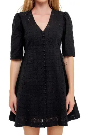 English Factory Broderie Lace Mini Dress - Black